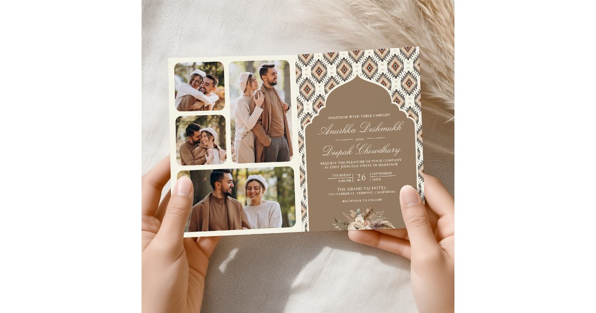 Boho Beige Ivory Ikat Photo Collage Indian Wedding Invitation | Zazzle
