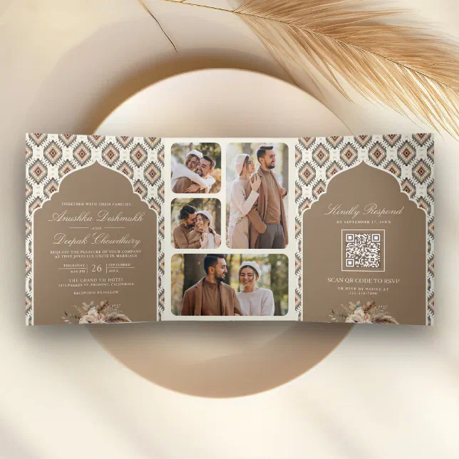 Boho Beige Ivory Ikat Photo Collage Indian Wedding Tri-Fold Invitation ...