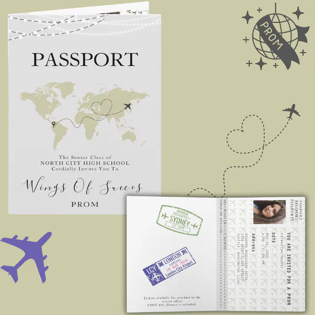 Boho Beige Passport Travel Prom Ball World Map Invitation | Zazzle