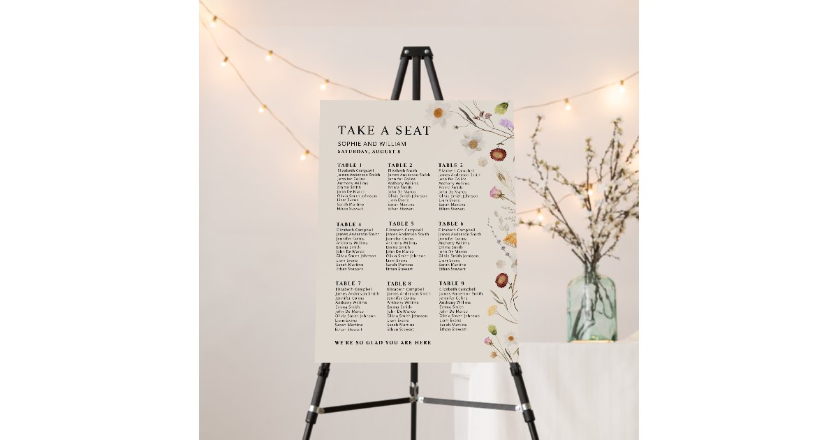 Boho Beige Wildflower Seating Chart Foam Boards | Zazzle