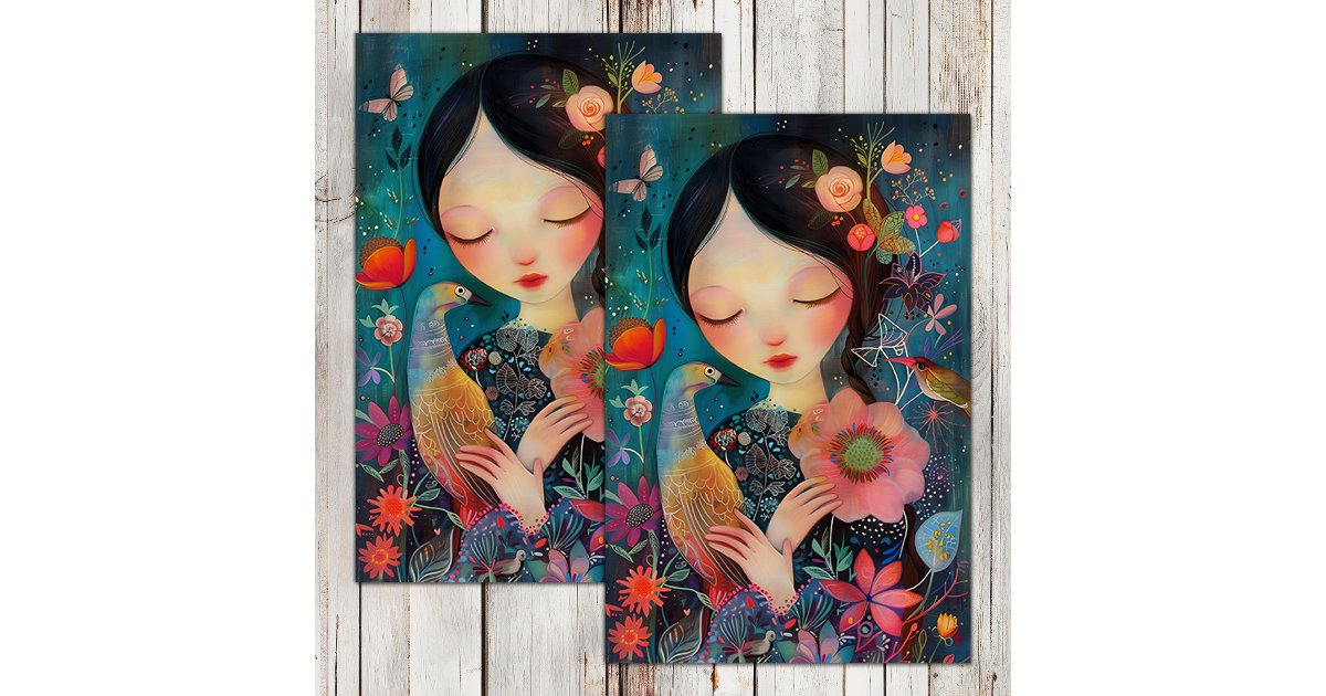 BOHO BIRD AND FLOWER GIRL DECOUPAGE TISSUE PAPER | Zazzle