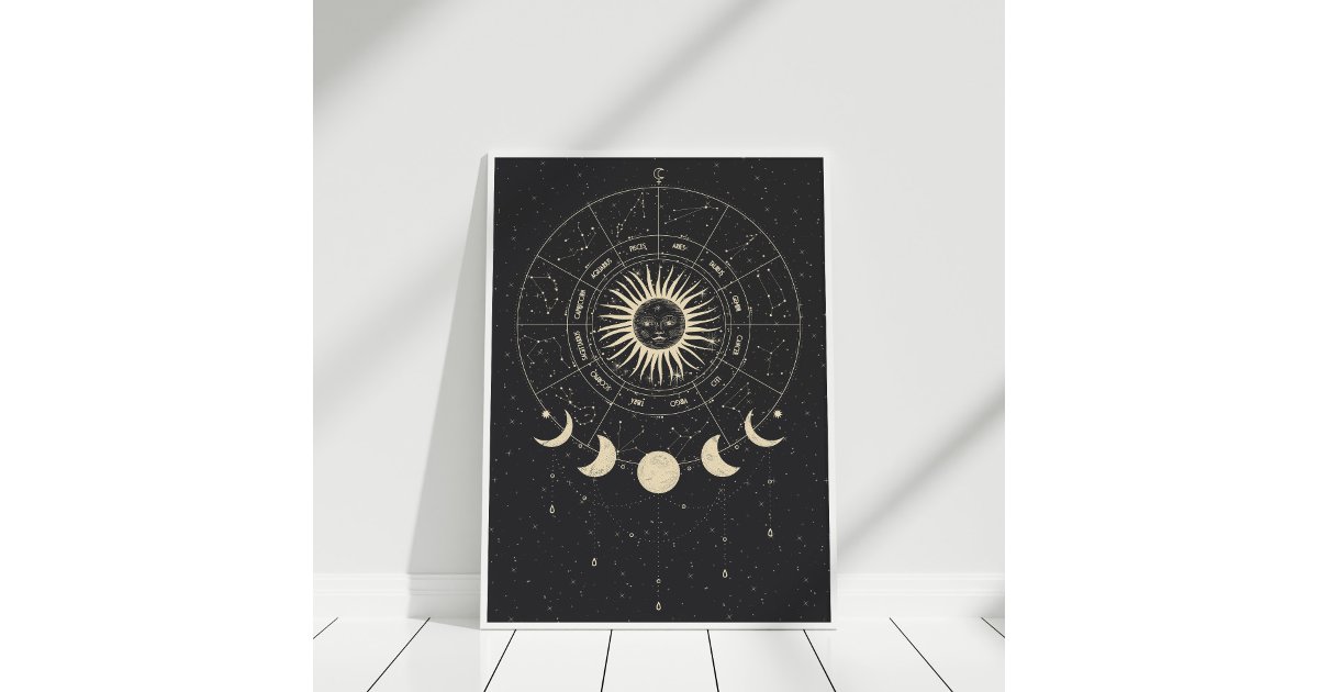 Boho Black and Beige Zodiac Moon Phases Poster | Zazzle