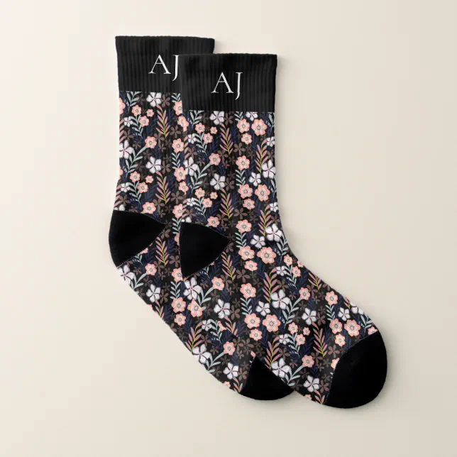 Boho Black Artistic Pink Floral Pattern Monogram Socks | Zazzle