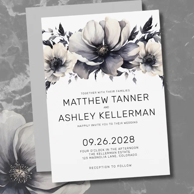 Boho Black White Modern Floral Wedding Invitation | Zazzle