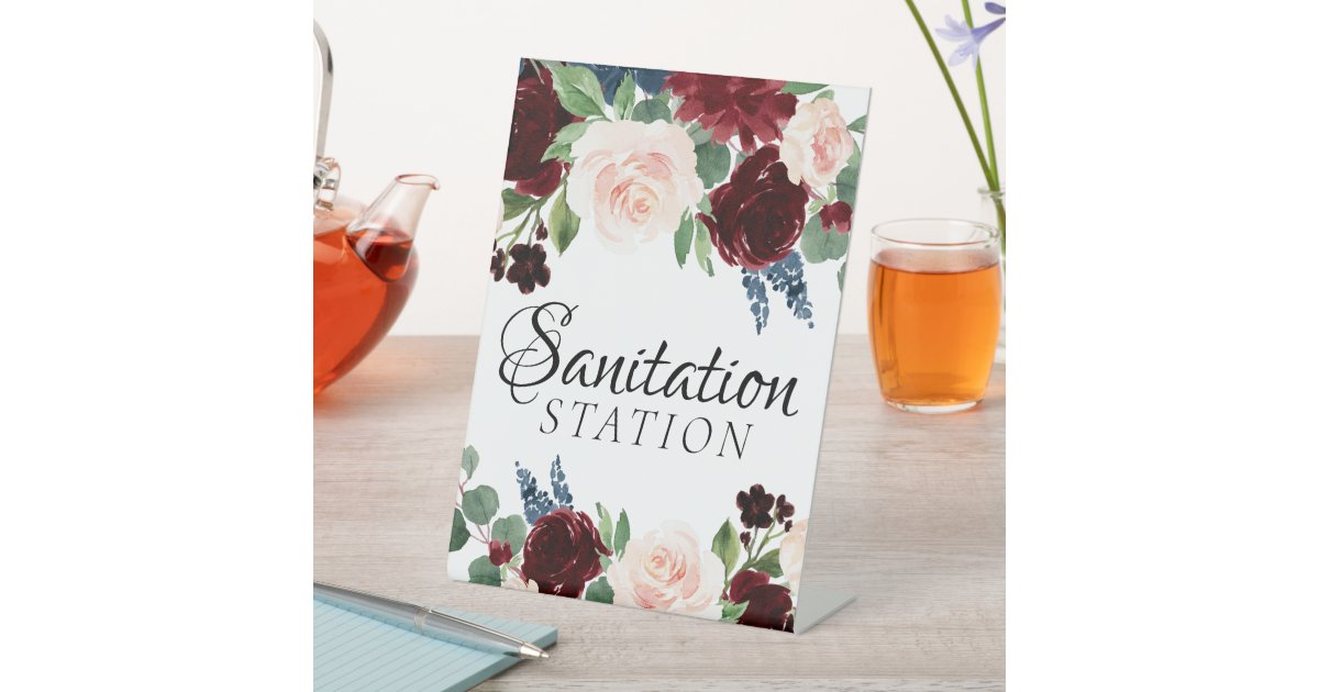 Boho Bloom | Burgundy and Navy Sanitation Station Pedestal Sign | Zazzle