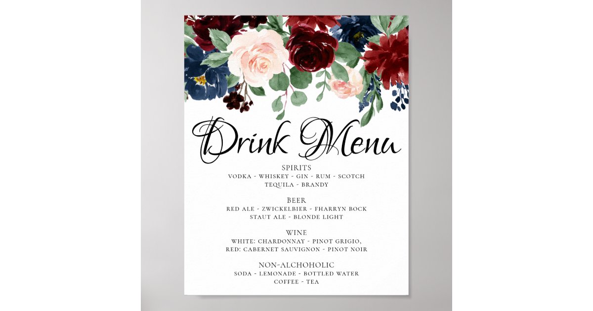 Boho Bloom | Burgundy Red and Navy Blue Drink Menu Poster | Zazzle