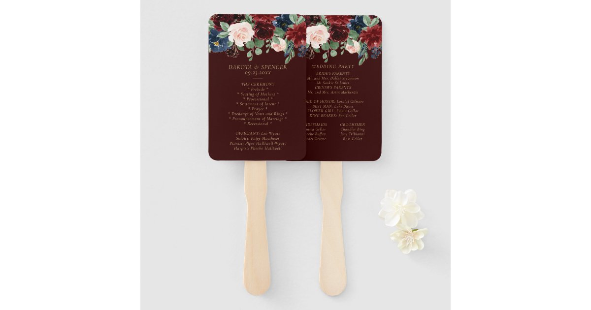 Boho Bloom | Dark Elegant Red Blush and Navy Blue Hand Fan | Zazzle