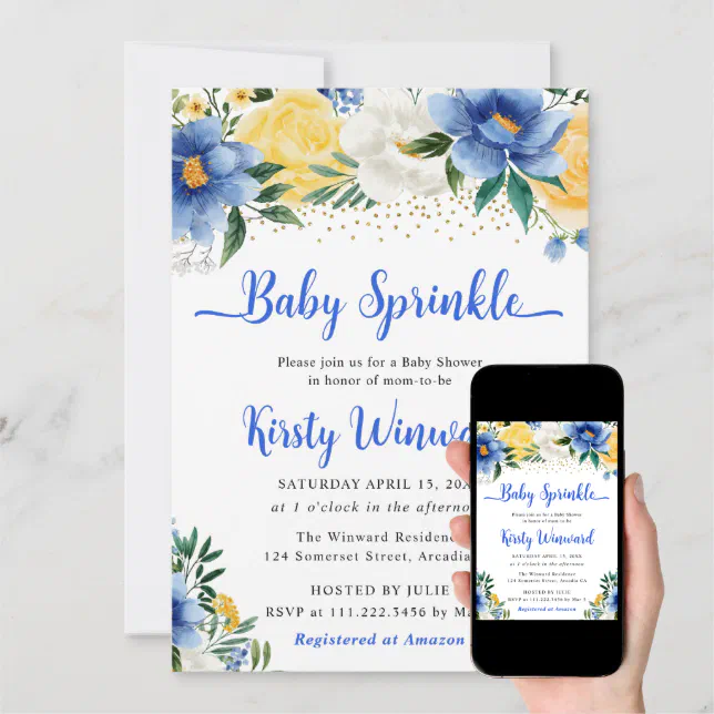 Boho Blue and Yellow Summer Flowers Baby Sprinkle Invitation | Zazzle
