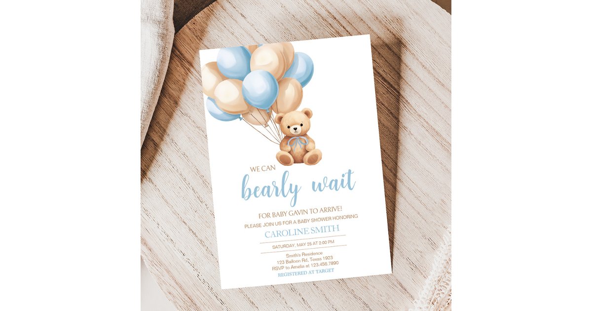 Boho Blue Balloon Bear Baby Shower Invitation | Zazzle