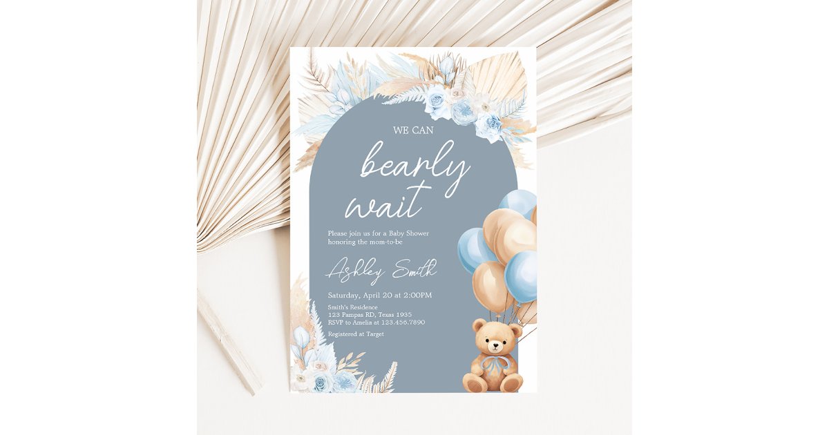 Boho Blue Bear Balloon Baby Shower Invitation | Zazzle