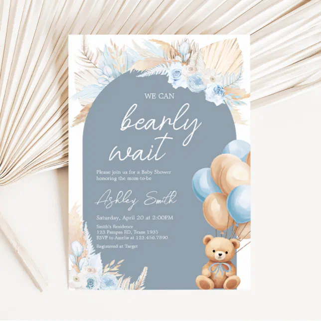 Boho Blue Bear Balloon Baby Shower Invitation | Zazzle