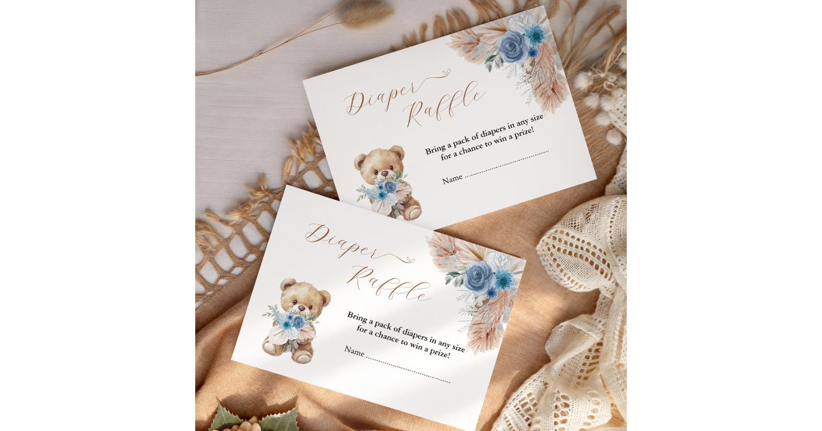 Boho Blue Diaper Raffle Ticket Teddy Bear Enclosure Card | Zazzle