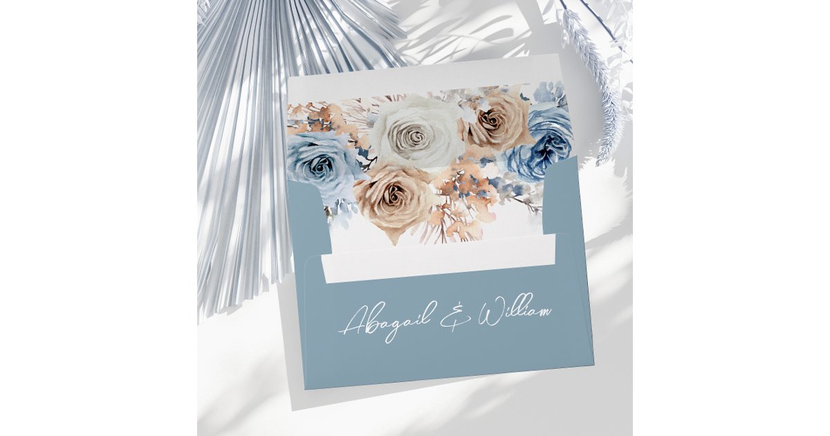 Boho Blue: Dusty Blue Bohemian Floral Wedding Envelope | Zazzle