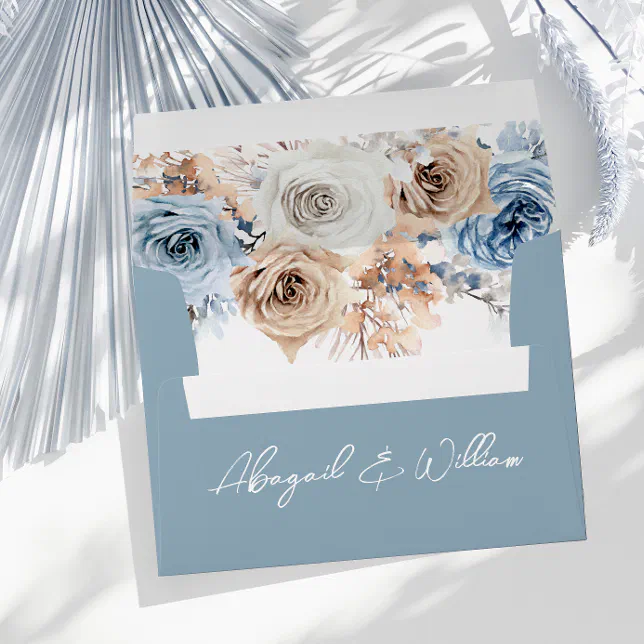Boho Blue: Dusty Blue Bohemian Floral Wedding Envelope | Zazzle