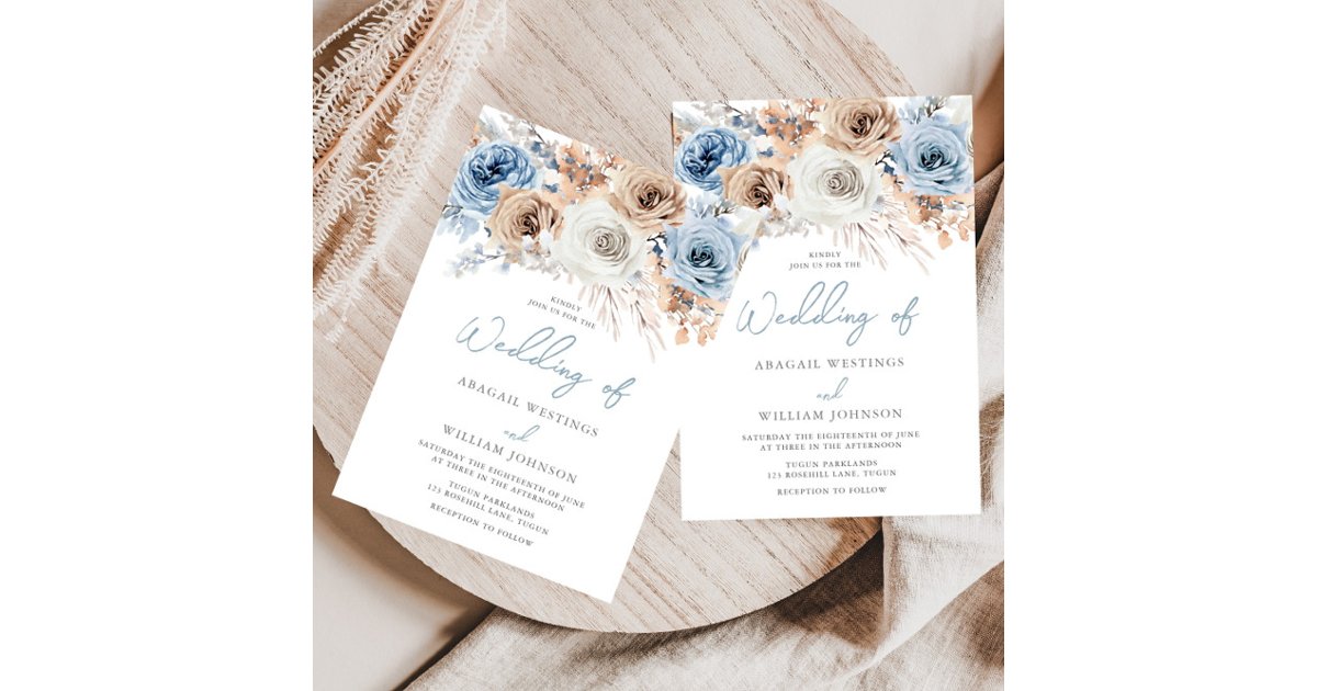 Boho Blue: Dusty Blue Bohemian Floral Wedding Invitation | Zazzle