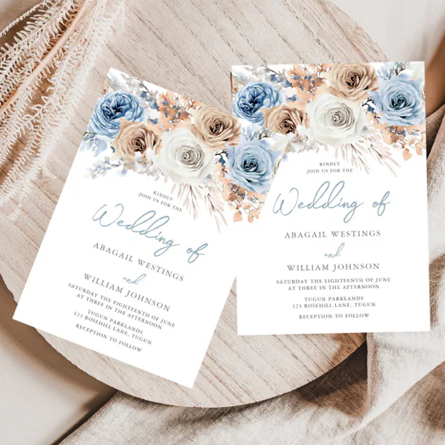 Boho Blue: Dusty Blue Bohemian Floral Wedding Invitation | Zazzle