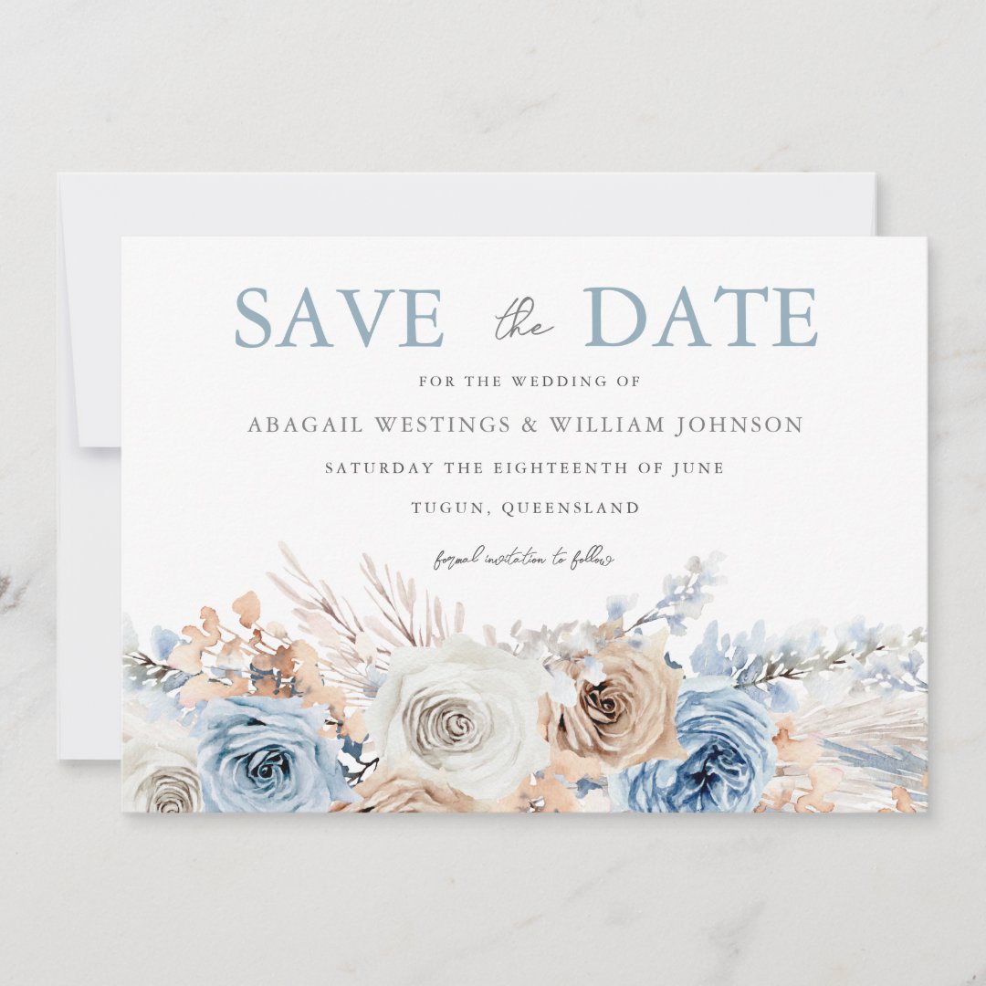 Boho Blue: Dusty Blue Bohemian Floral Wedding Save The Date | Zazzle
