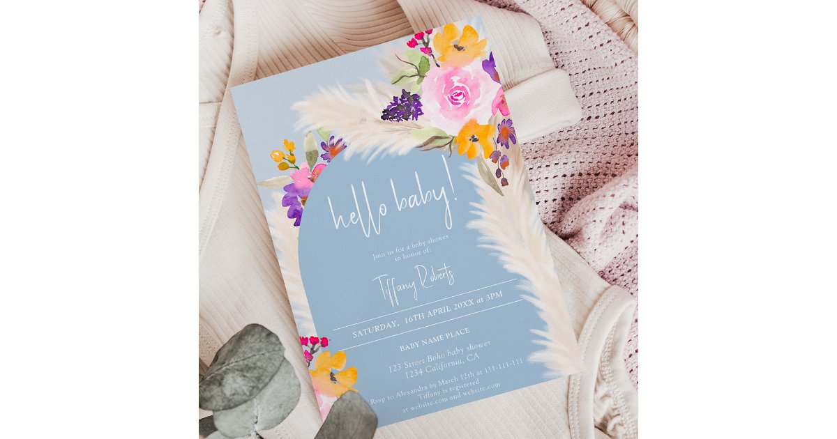 Boho blue floral arch boy hello baby shower invitation | Zazzle