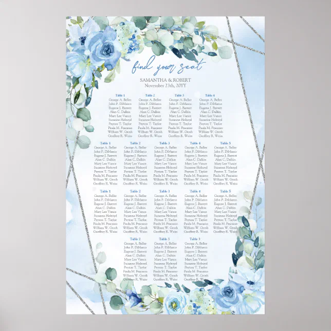 Boho blue floral eucalyptus and silver seating poster | Zazzle