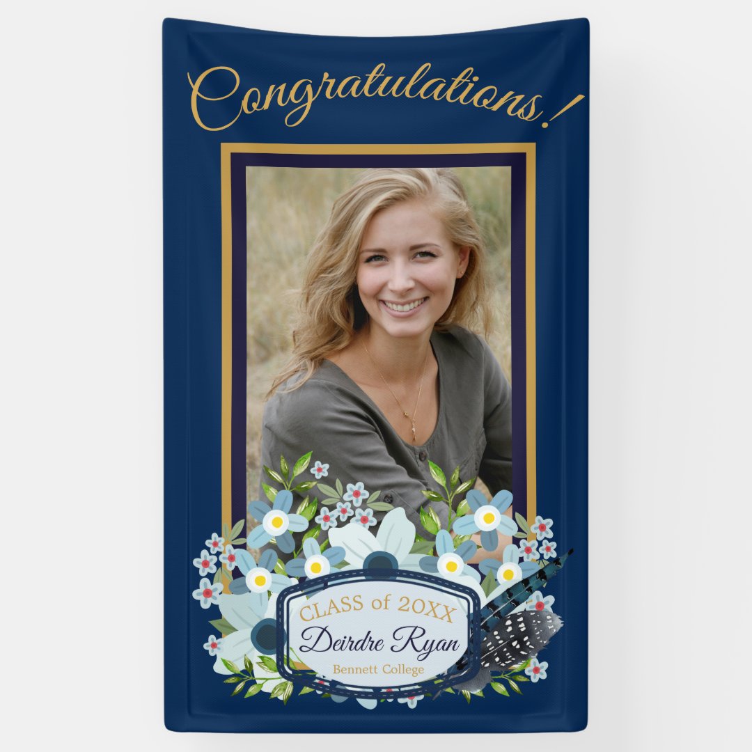 Boho Blue Floral Graduation Congratulations Banner | Zazzle