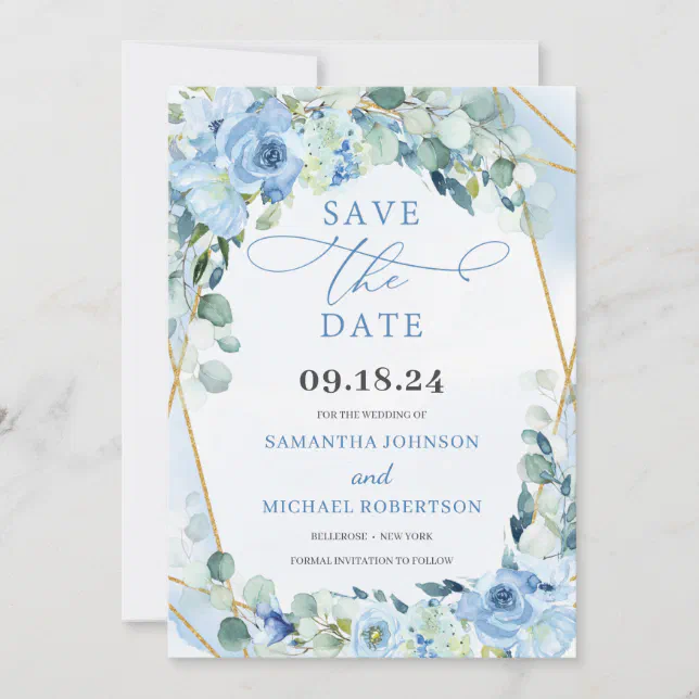 Boho Blue Floral Roses and Gold Geometric Save The Date | Zazzle