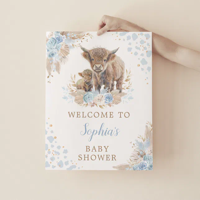 Boho Blue Highland Cow Baby Boy Shower Welcome Poster | Zazzle