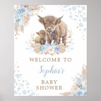 Boho Blue Highland Cow Baby Boy Shower Welcome Poster | Zazzle