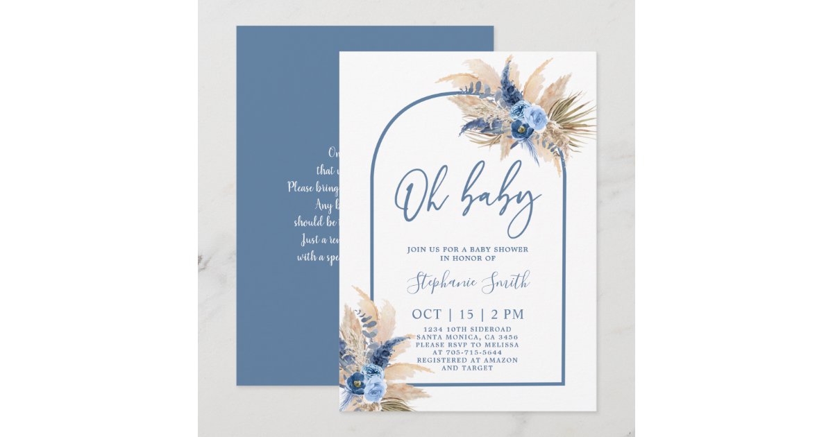 Boho Blue Pampas Grass Baby Shower Boy Invitation | Zazzle.com