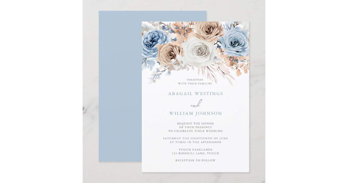 Boho Blue: Watercolor Blue Bohemian Floral Wedding Invitation | Zazzle
