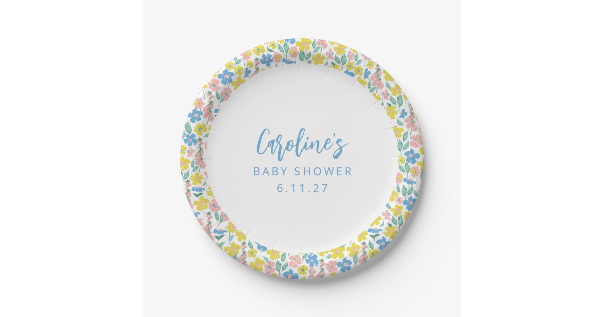 Boho Blue Yellow Ditsy Floral Custom Baby Shower Paper Plates | Zazzle