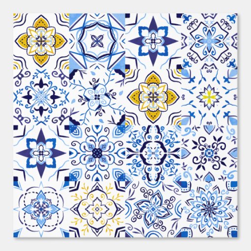 Boho Blue Yellow Mediterranean Style Pattern Wallpaper | Zazzle