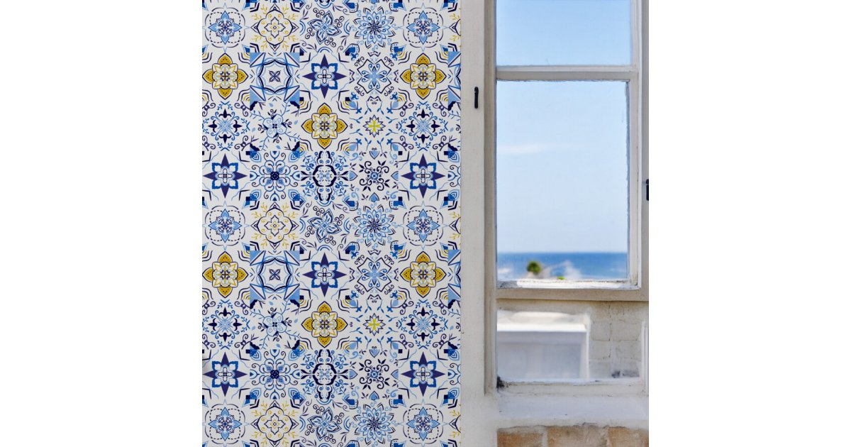 Boho Blue Yellow Mediterranean Style Pattern Wallpaper | Zazzle