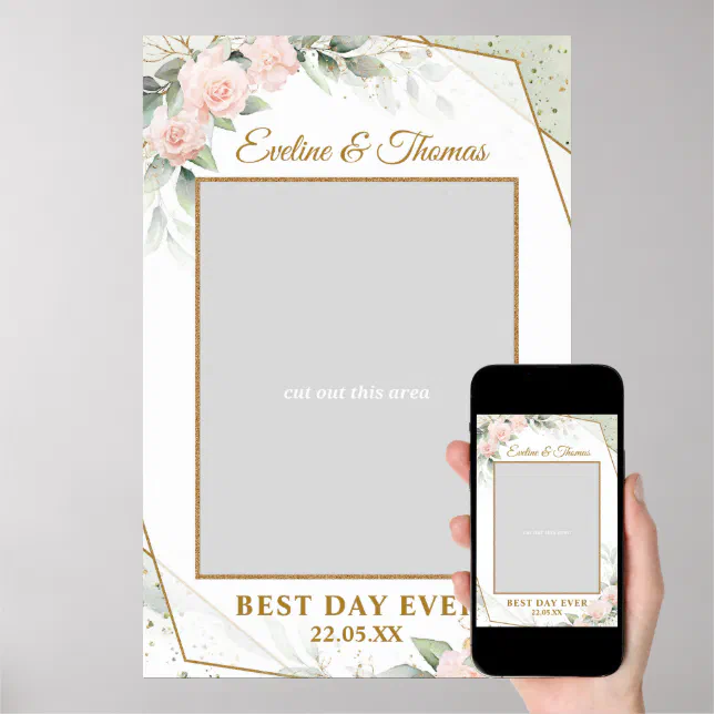 Boho blush and gold greenery wedding selfie frame poster | Zazzle