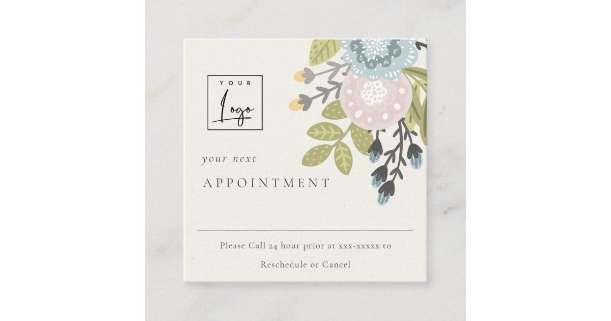 Boho Blush Blue Floral Logo Appointment Reminder Square Business Card ...