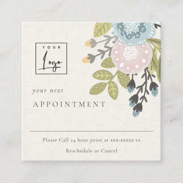 Boho Blush Blue Floral Logo Appointment Reminder Square Business Card ...