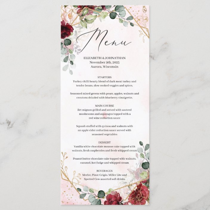 Boho blush burgundy floral gold geometric wedding menu | Zazzle.com