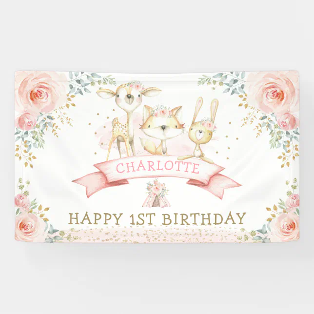 Boho Blush Floral Gold Woodland Birthday Welcome Banner | Zazzle