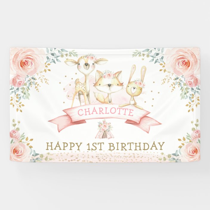 Boho Blush Floral Gold Woodland Birthday Welcome Banner | Zazzle