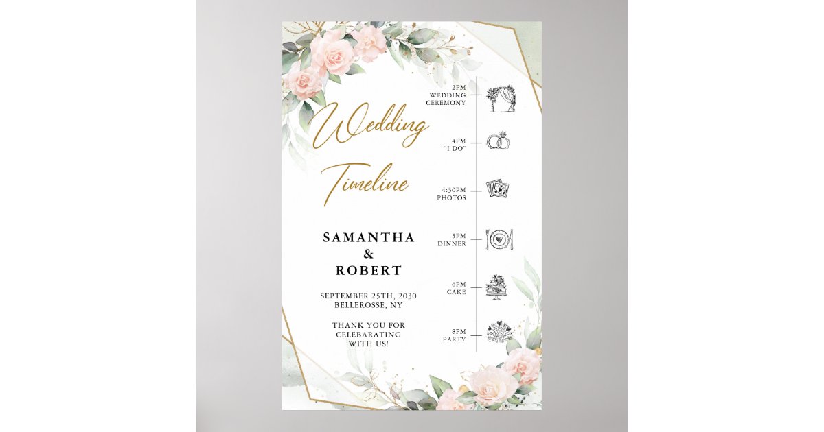 Boho blush flowers eucalyptus wedding Timeline Poster | Zazzle