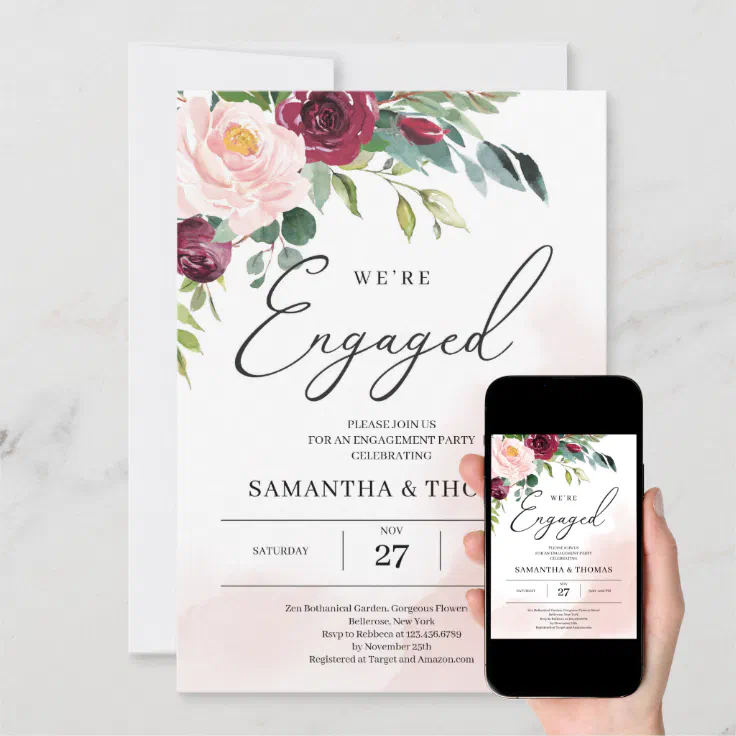 Boho blush pink burgundy floral greenery engage invitation | Zazzle