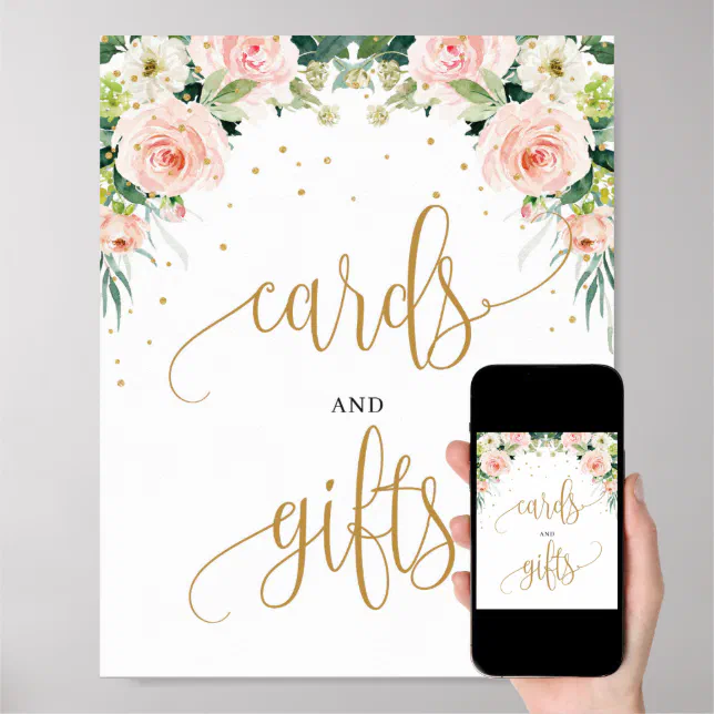 Boho blush pink floral gold cards and gifts sign | Zazzle
