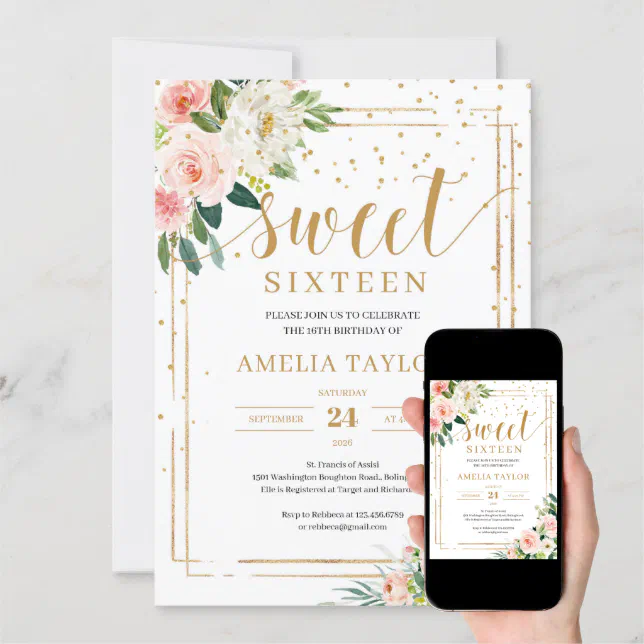 Boho Blush Pink Floral Gold Frame Sweet Sixteen Invitation Zazzle