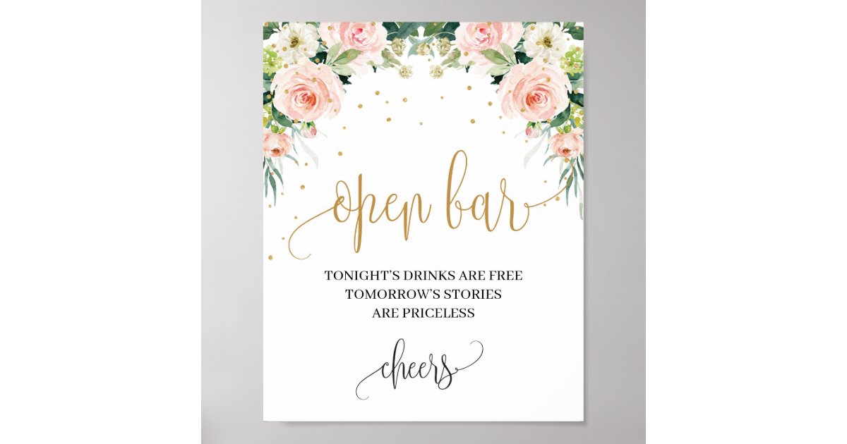 Boho blush pink floral gold wedding open bar sign | Zazzle