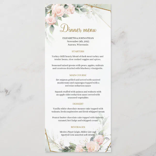 Boho Blush Pink Floral Greenery Gold Frame Wedding Menu Zazzle