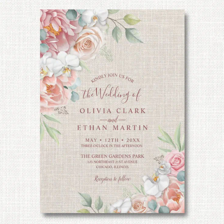Boho Blush Pink Floral On Rustic Burlap Wedding Invitation Zazzle