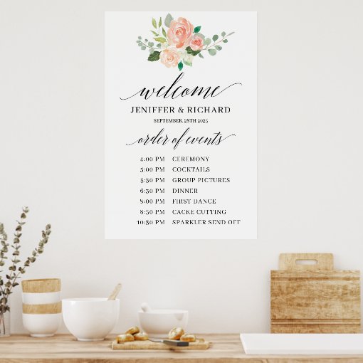 Boho blush pink floral wedding order of service poster | Zazzle
