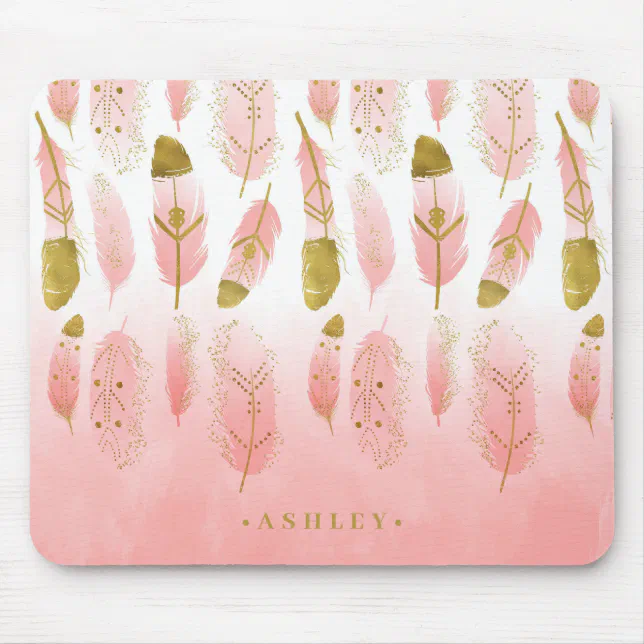Boho Blush Pink & Gold Feathers Ombre Personalized Mouse Pad | Zazzle