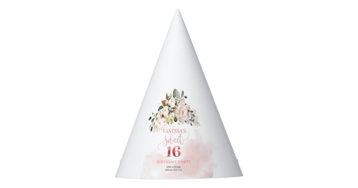 Boho blush pink roses rose gold green sweet 16th party hat | Zazzle