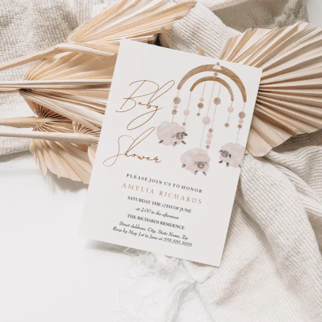 Boho Blush Pink Sheep Mobile Baby Shower Invitation | Zazzle