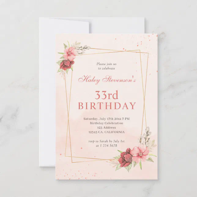 Boho Blush Pink Terracotta Floral 33rd Birthday Invitation | Zazzle